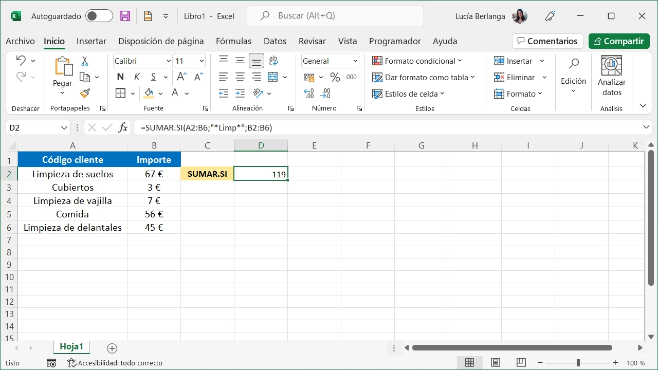 Fórmula Sumar si contiene texto en otra celda en Excel